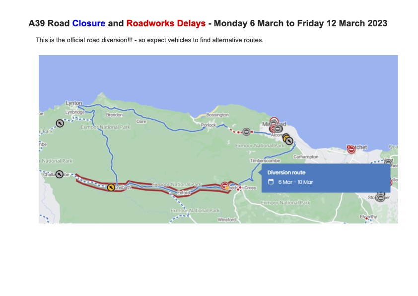A39 Road Closure – Wootton Courtenay