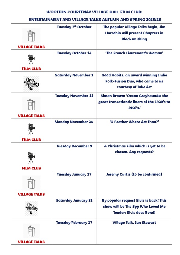 Village Hall Events Reminder – Wootton Courtenay